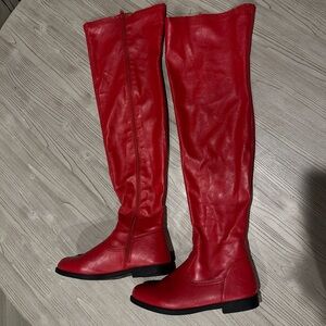 Tinstree | Shoes | Red Over The Knee Thigh High Stretchy Boots Low Heel ...
